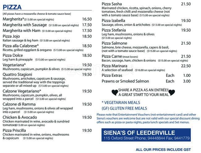 Menu at Siena's pizzeria, Leederville
