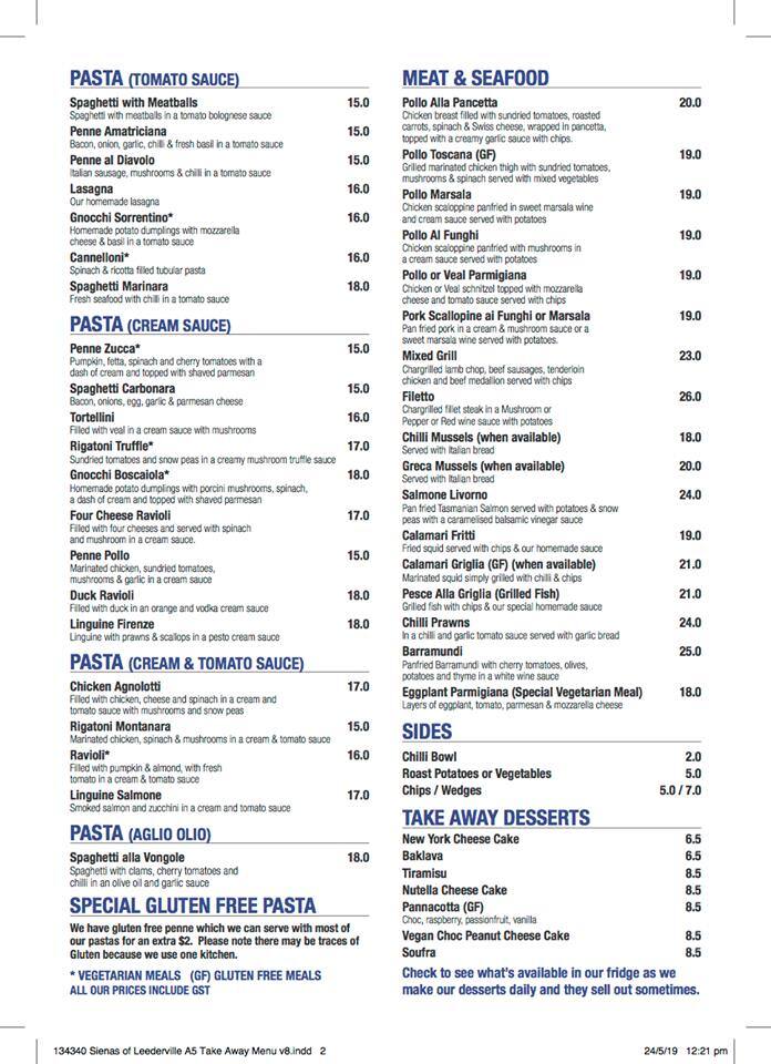 Menu at Siena's pizzeria, Leederville