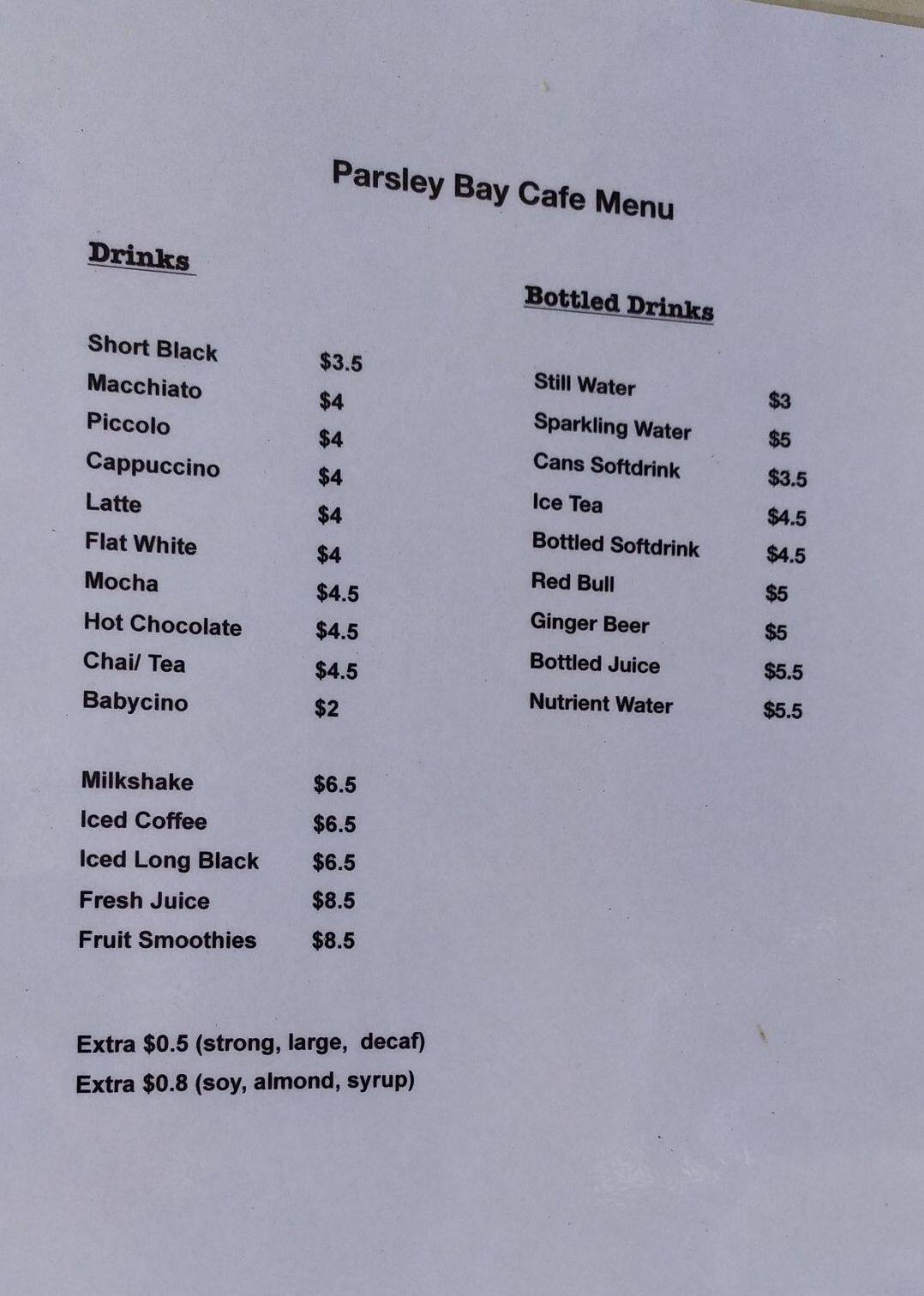 Menu at Parsley Bay Cafe, Vaucluse