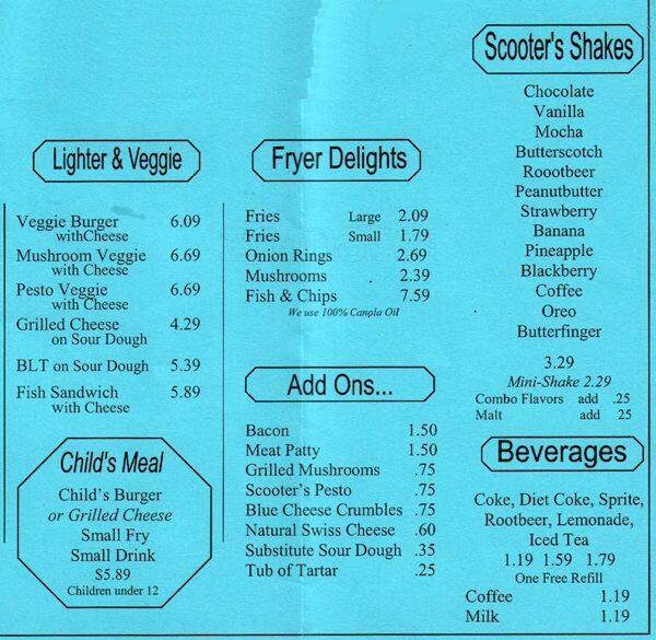 Menu at Scooter's Burgers restaurant, Seattle