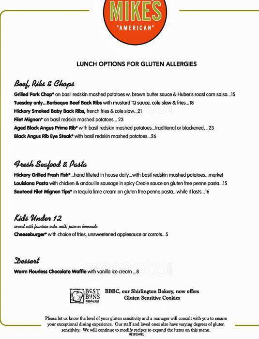Menu at Mike's American restaurant, Springfield