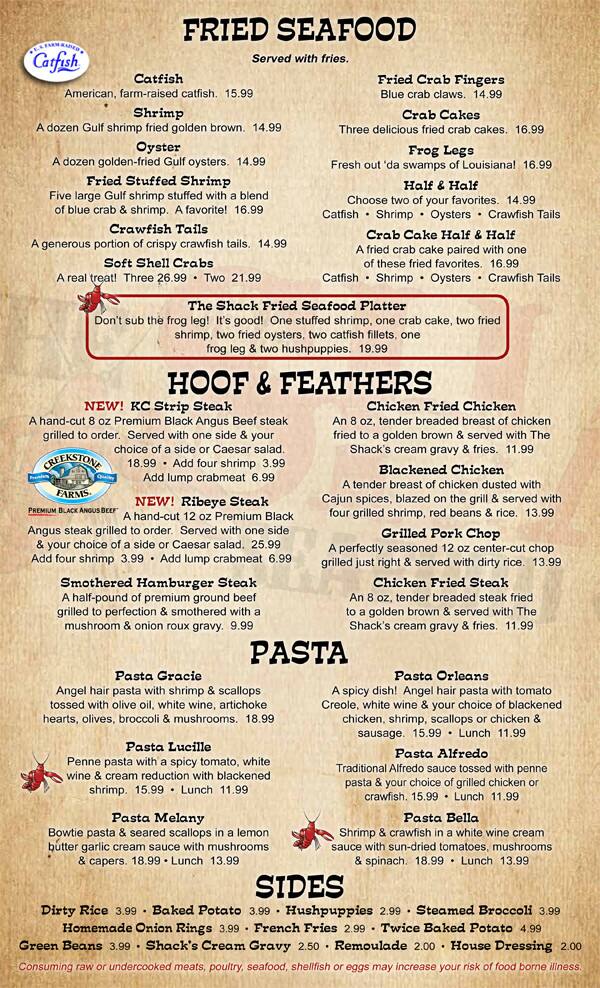 Menu at The Shack Seafood & Oyster Bar, Oklahoma City, Quail Pointe Dr