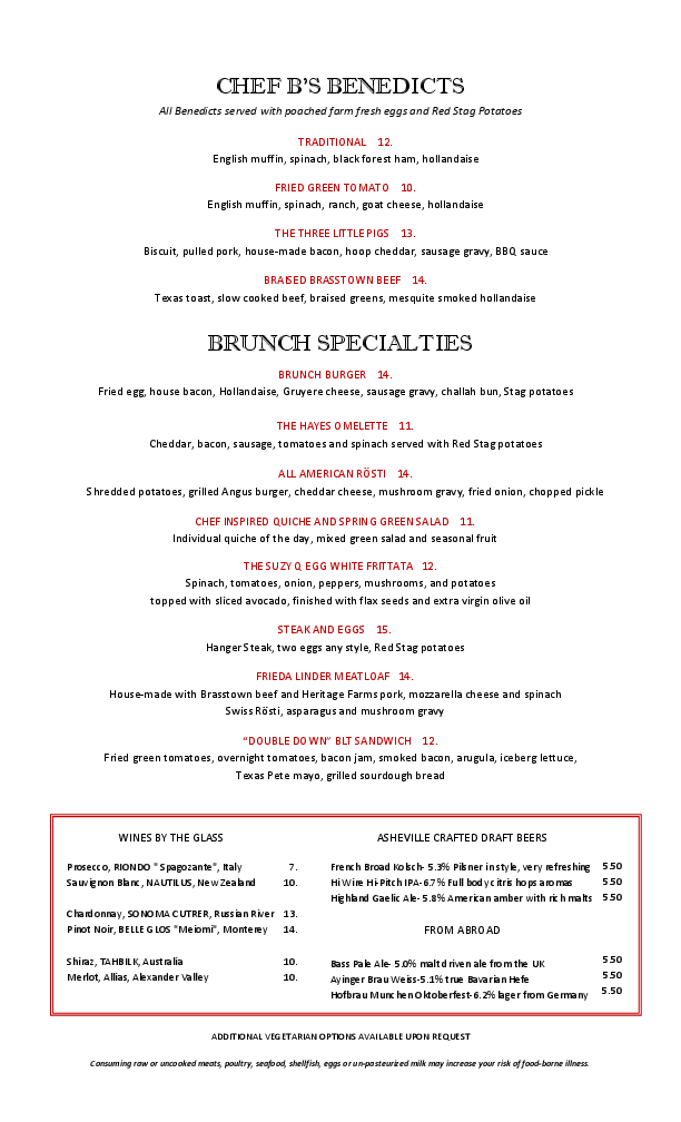 Menu at Red Stag Grill restaurant, Asheville