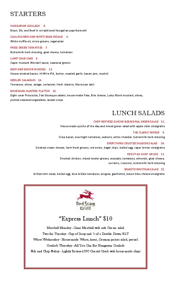 Menu at Red Stag Grill restaurant, Asheville
