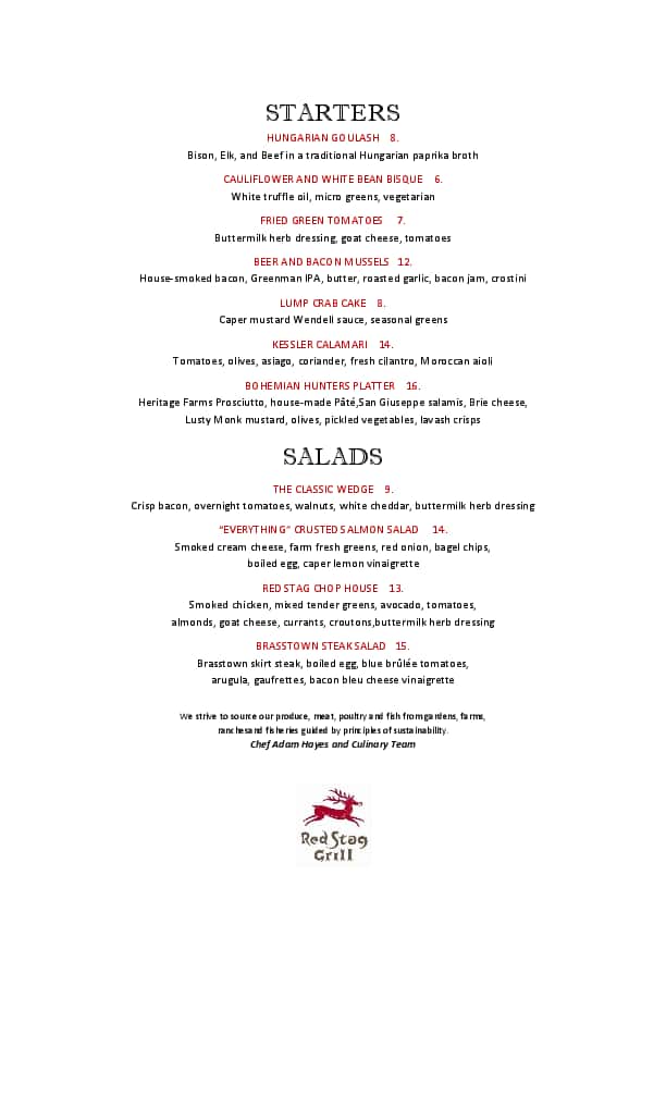 Menu at Red Stag Grill restaurant, Asheville