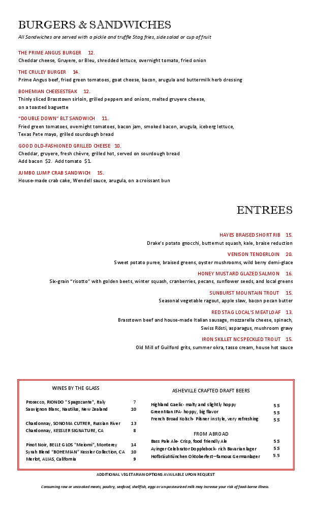 Menu at Red Stag Grill restaurant, Asheville