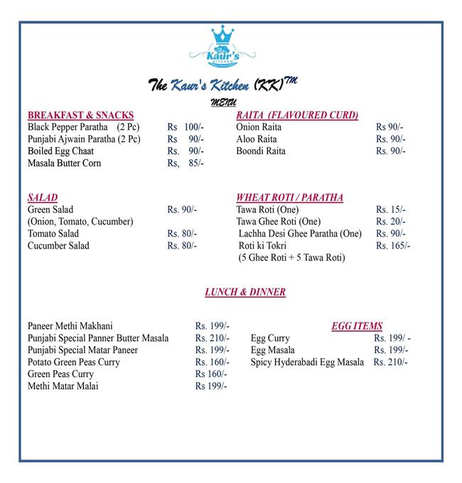Menu of The Kaur's Kitchen KK, Bommasandra, Bangalore