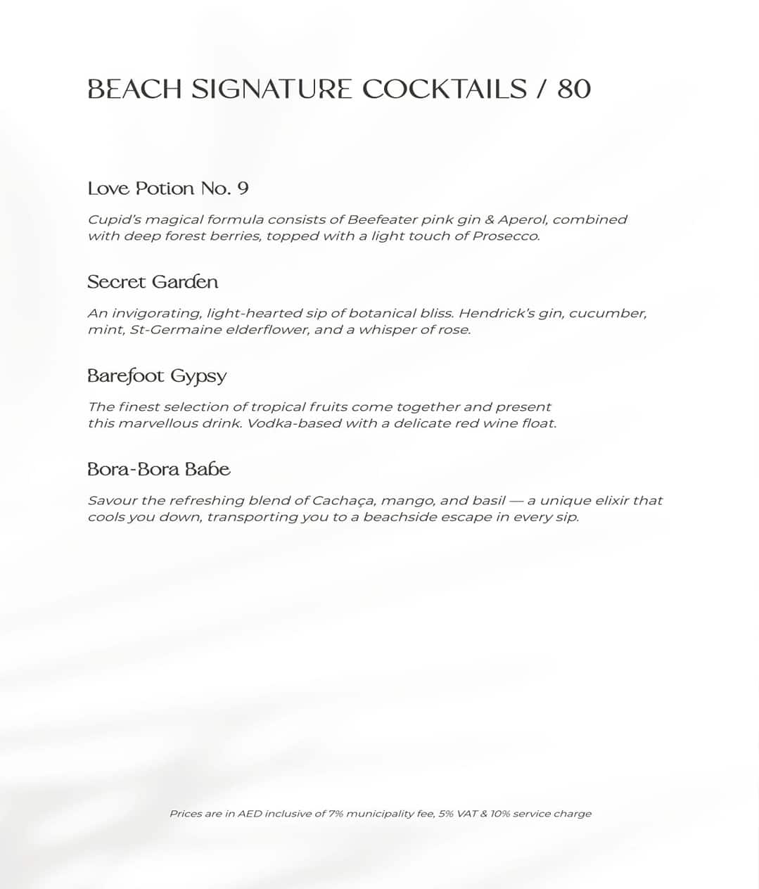 Menu of Surf Club, Palm Jumeirah, Dubai