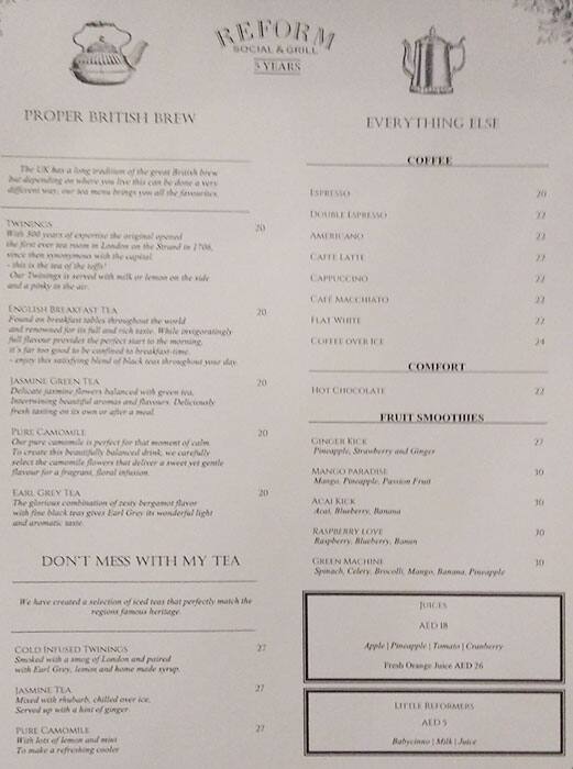 Menu at Reform Social & Grill pub & bar, Dubai