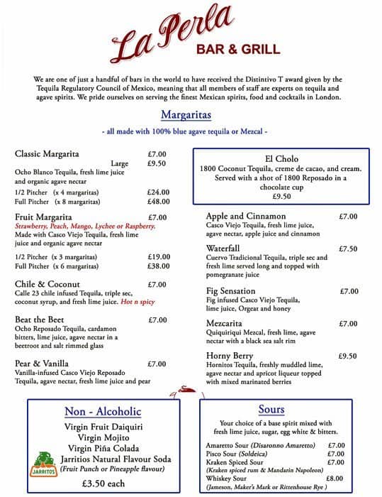 Menu at La Perla Bar & Grill, London, 28 Maiden Ln