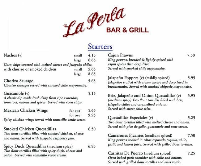 Menu at La Perla Bar & Grill, London, 28 Maiden Ln
