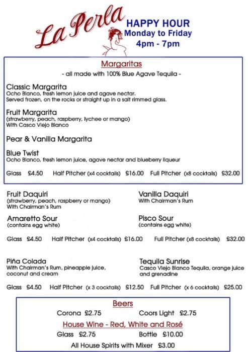 Menu at La Perla Bar & Grill, London, 28 Maiden Ln