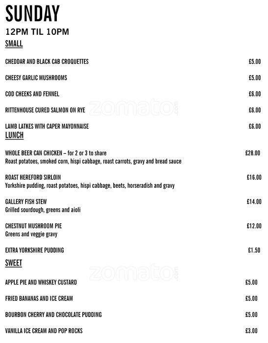 Menu at The Gallery pub & bar, London, 190 Broadhurst Gardens