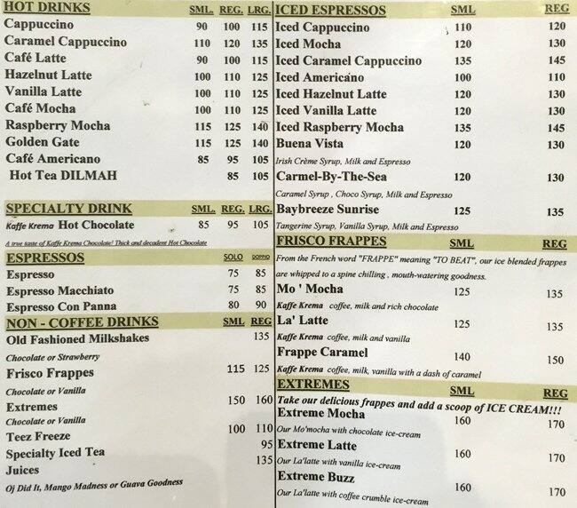 Menu at Kaffe Krema cafe, Taguig