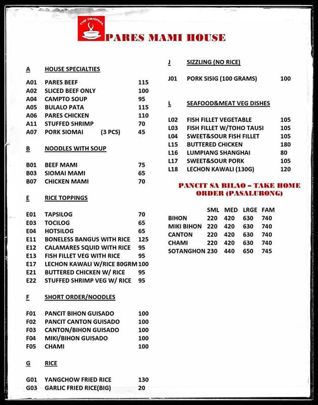 Menu at The Original Pares Mami House (Since 1989) restaurant, Quezon City