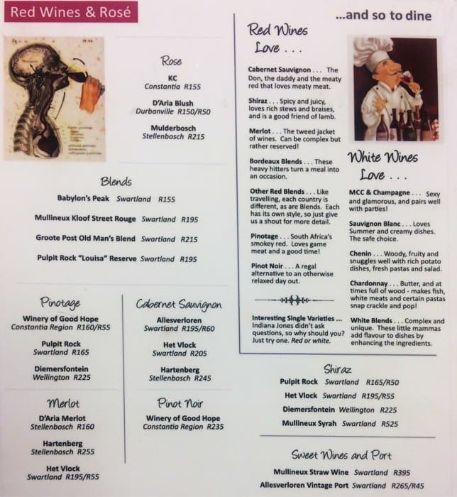 Menu at Café Felix, Riebeek Kasteel restaurant, Riebeeck Kasteel