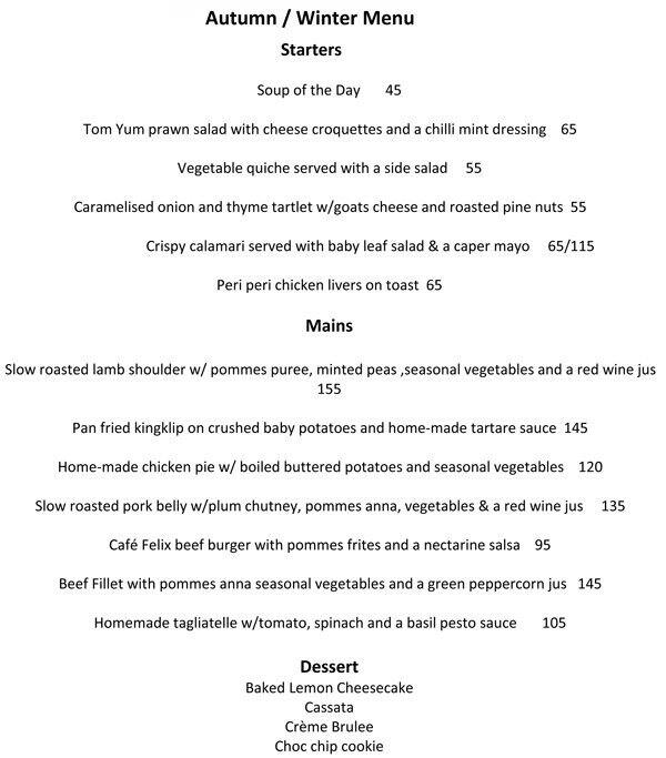 Menu at Café Felix, Riebeek Kasteel restaurant, Riebeeck Kasteel