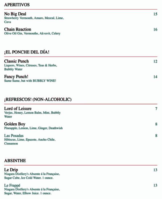 Menu at Bar Isabel, Toronto, 797 College St