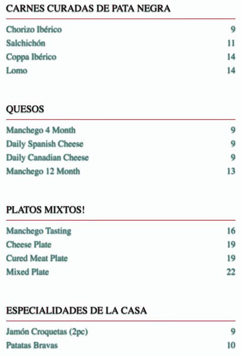 Menu at Bar Isabel, Toronto, 797 College St