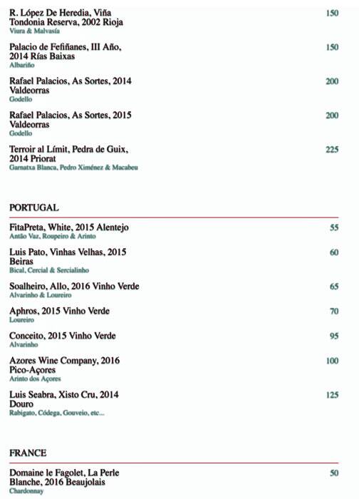 Menu at Bar Isabel, Toronto, 797 College St