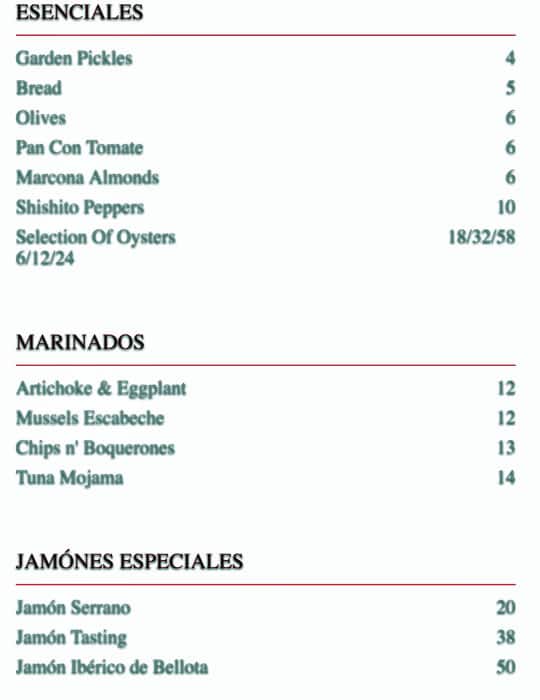 Menu at Bar Isabel, Toronto, 797 College St