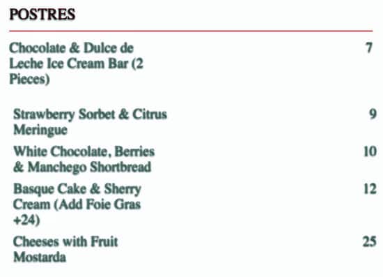 Menu at Bar Isabel, Toronto, 797 College St