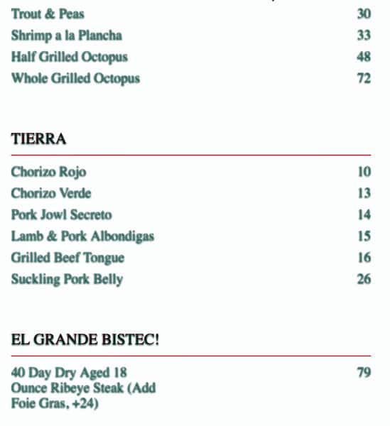 Menu at Bar Isabel, Toronto, 797 College St