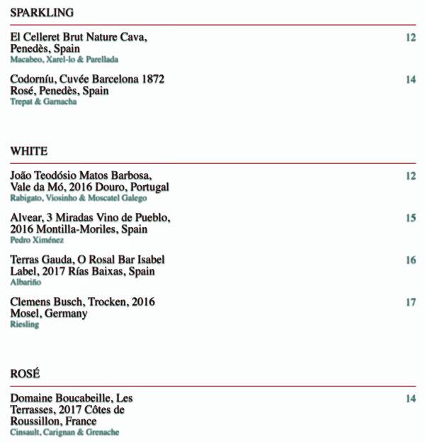 Menu at Bar Isabel, Toronto, 797 College St