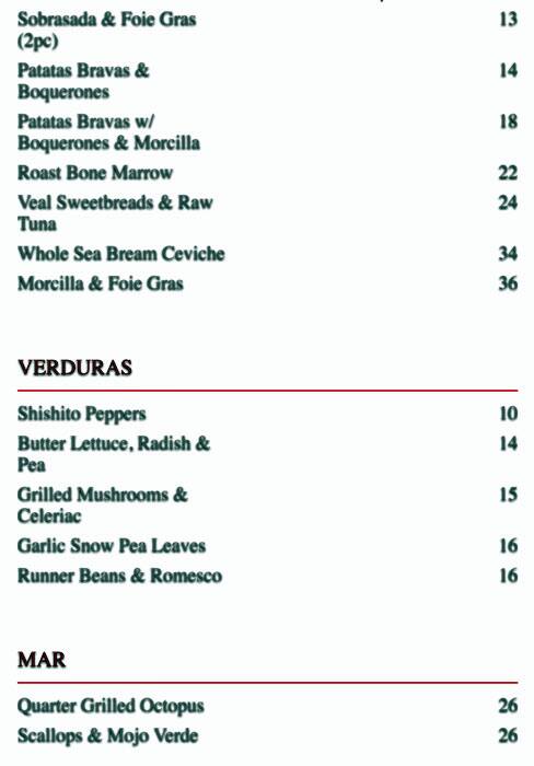 Menu at Bar Isabel, Toronto, 797 College St