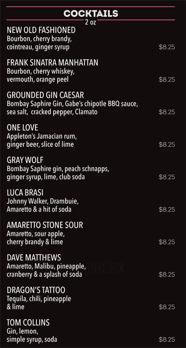 Menu at Grounded pub & bar, Ottawa, 100 Gloucester St