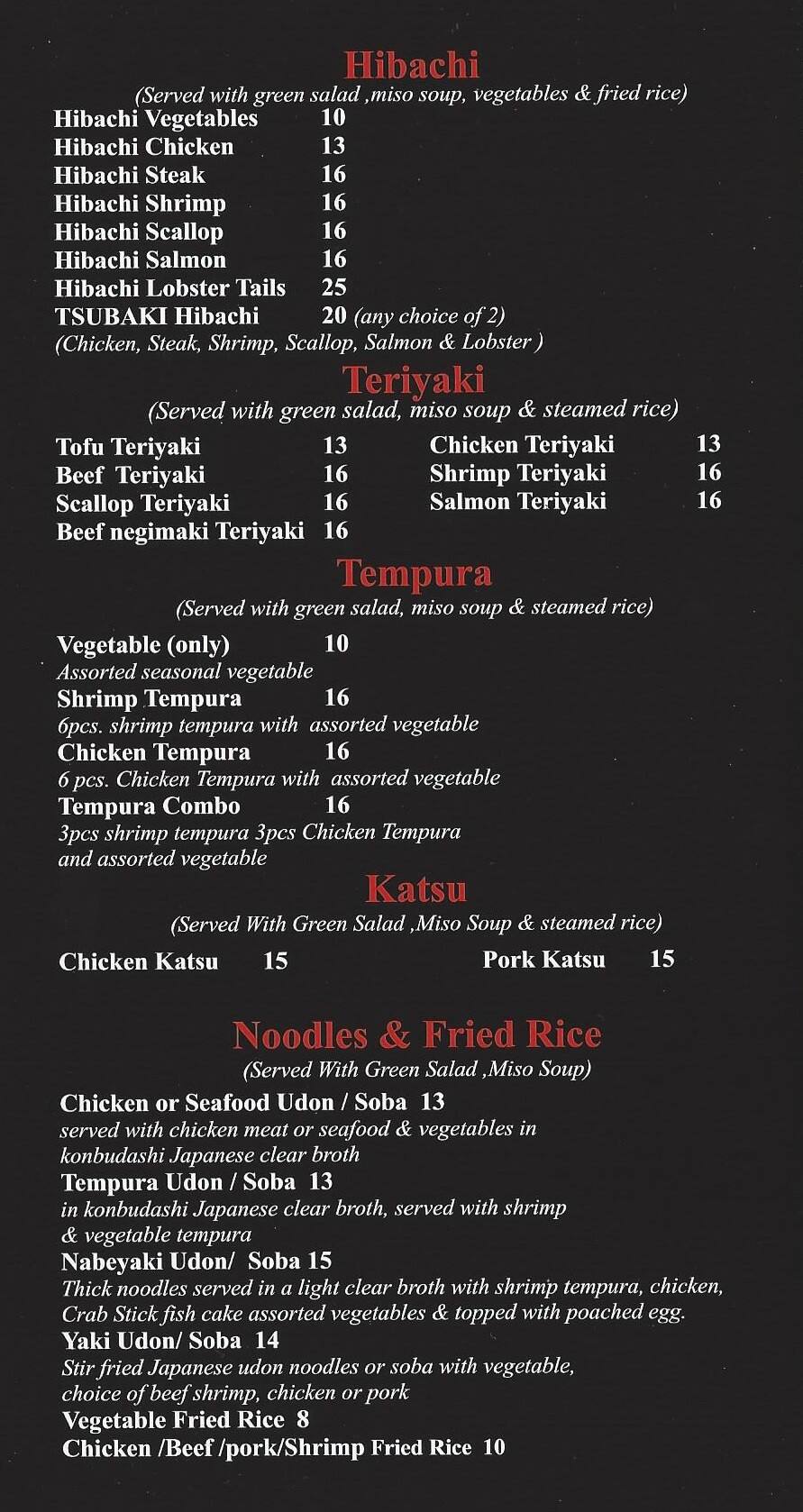 Menu at Tsubaki Sushi restaurant, Oklahoma City