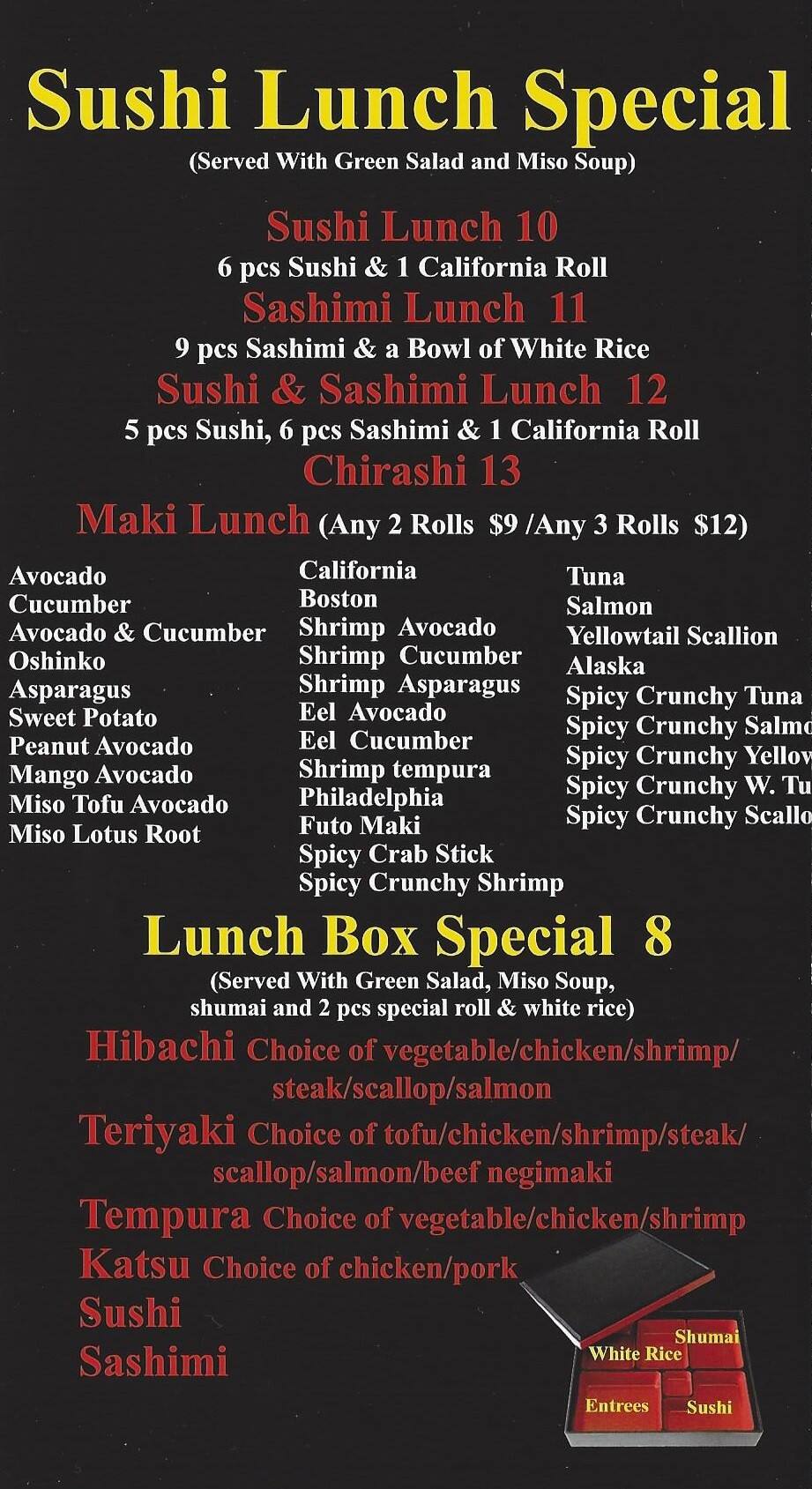 Menu at Tsubaki Sushi restaurant, Oklahoma City