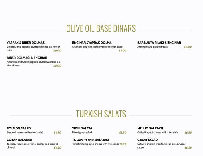 Menu at Turkish Meze Bar, Harwich