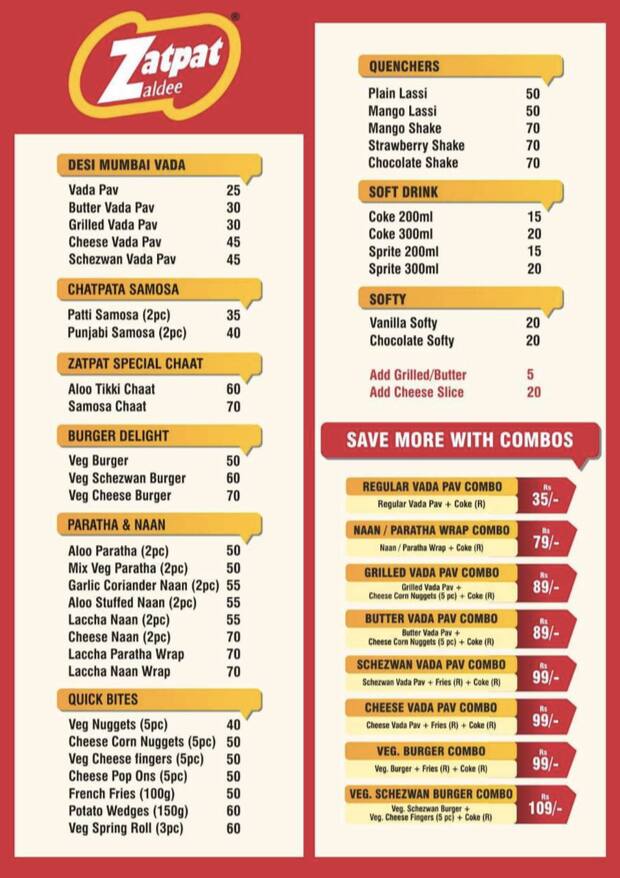 Menu of Zatpat Zaldee, Dadar West, Mumbai