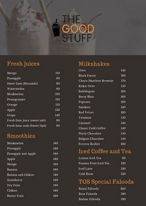 Menu of The Good Stuff, Yelahanka, Bangalore