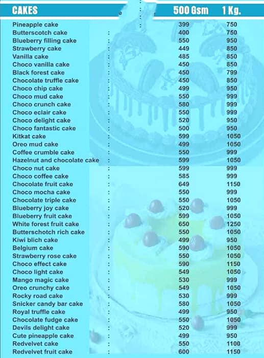 Menu of Consent Cakes, Mukherjee Nagar, New Delhi