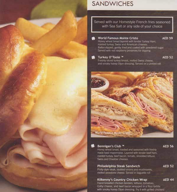 Menu at Bennigan's restaurant, Dubai, Sheikh Mohammed Bin Rashed