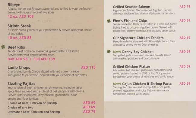 Menu at Bennigan's restaurant, Dubai, Sheikh Mohammed Bin Rashed