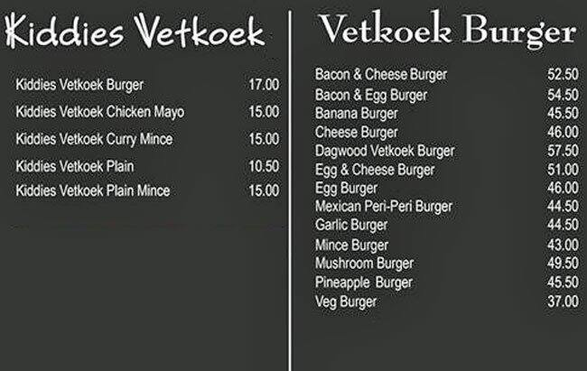 Menu at Vetkoek Paleis restaurant, Roodepoort, 37 Anstruther St