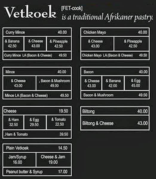 Menu at Vetkoek Paleis restaurant, Roodepoort, 37 Anstruther St