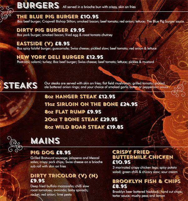 Menu at The Blue Pig pub & bar, Manchester