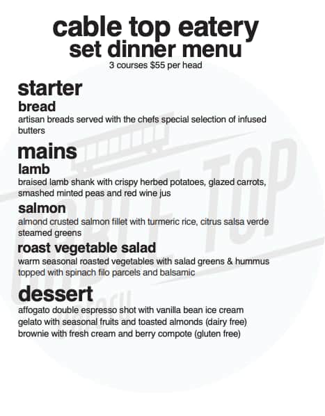 Menu at Cable Top Eatery cafe, Wellington