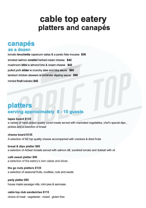 Menu at Cable Top Eatery cafe, Wellington