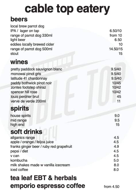 Menu at Cable Top Eatery cafe, Wellington