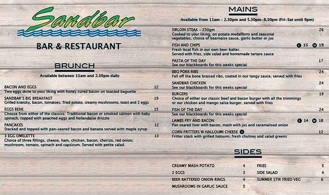 Menu at Sandbar Pub, Porirua