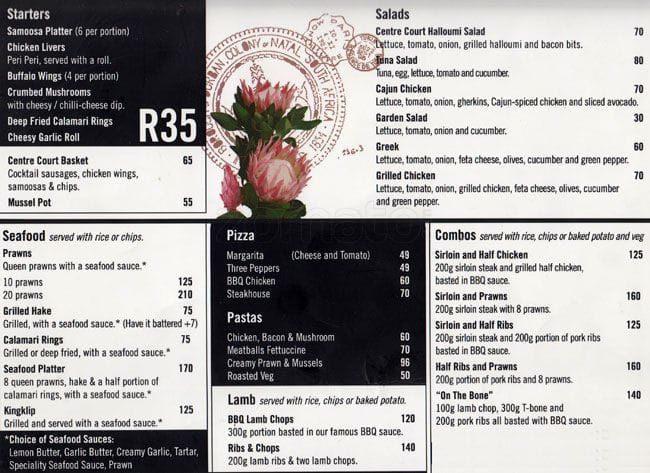 Menu at Centre Court Pavillion restaurant, Durban, 301