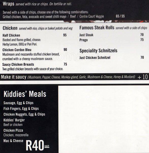 Menu at Centre Court Pavillion restaurant, Durban, 301