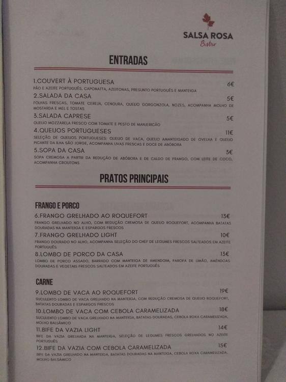 Menu em Salsa Rosa Bistro restaurante, Lisboa, Av. Visconde de Valmor