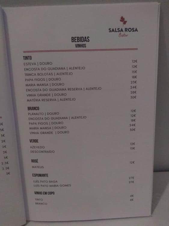 Menu em Salsa Rosa Bistro restaurante, Lisboa, Av. Visconde de Valmor