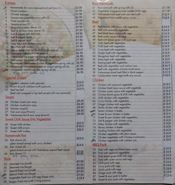 Menu at Saigon Sun restaurant, Altona